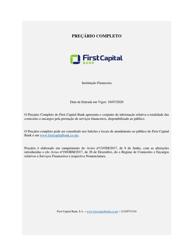 Preçário Completo do First Capital Bank | PDF
