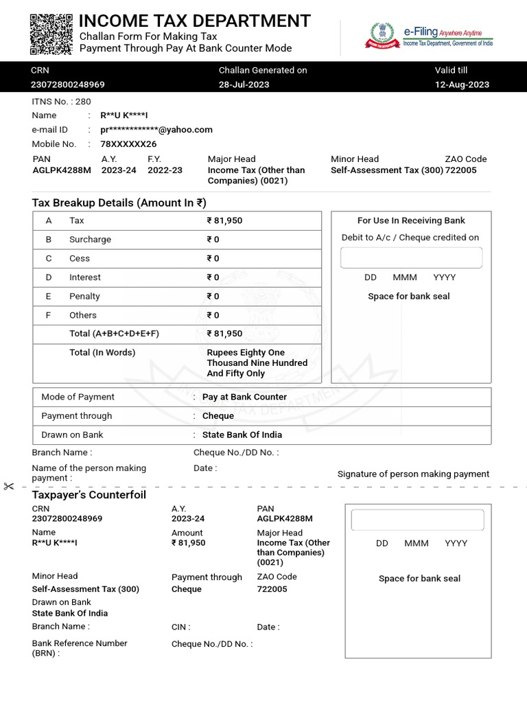 Income Tax Payment Challan Form 2023 | PDF