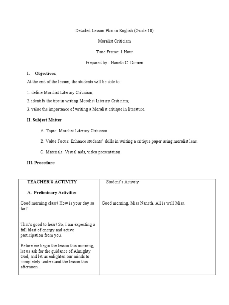 Moralist Criticism Lesson Plan | PDF