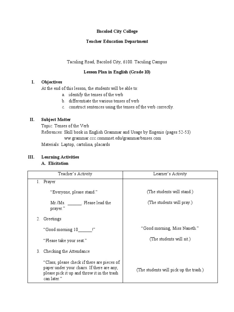 Grade 10 Lesson Plan: Verb Tenses | PDF | Grammatical Tense | Verb