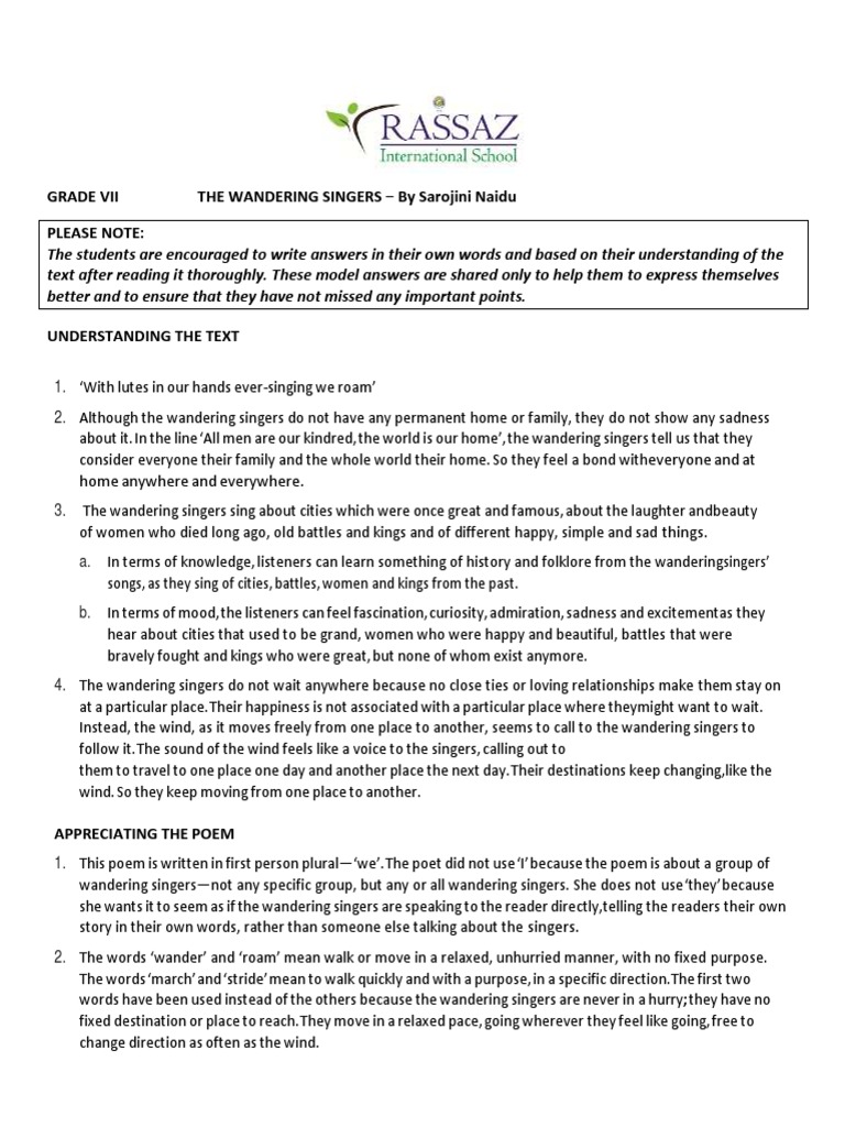 THE WANDERING SINGERS by Sarojini NaiduTextual Exercise A | PDF