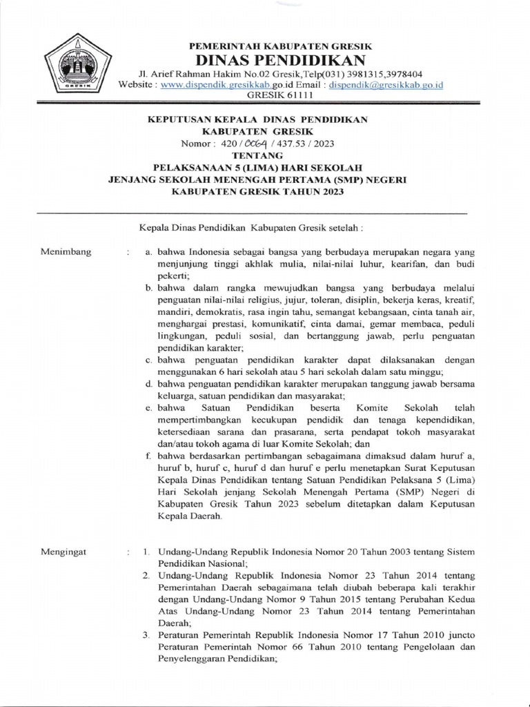 SK Pelaksanaan 5 Hari Sekolah | PDF