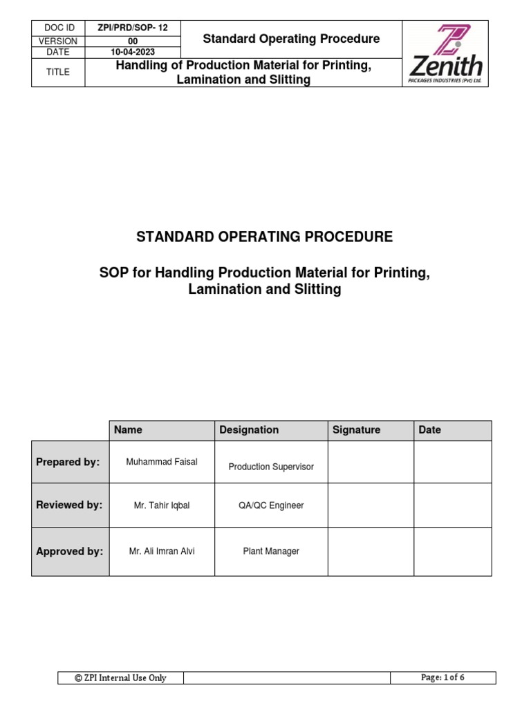 SOP For Handling Production Material For Printing, Lamination and ...
