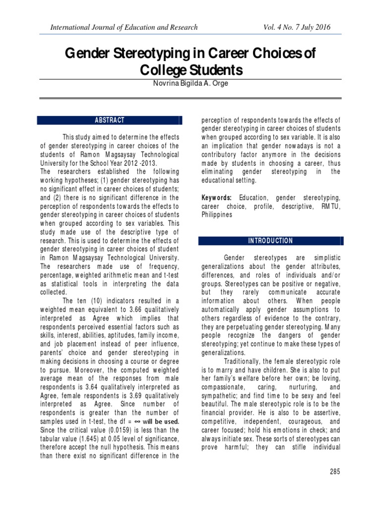 Gender Stereotyping in Career Choices of College Students | PDF