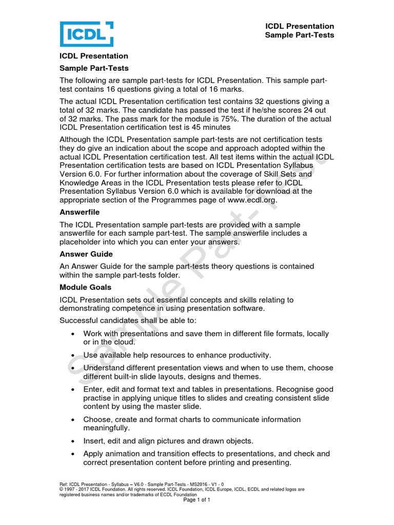ICDL Presentation - Syllabus - V6.0 - Sample Part-Tests - MS2016 - V1 ...