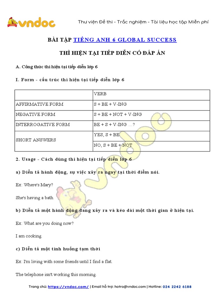 Ly Thuyet Va Bai Tap Thi Hien Tai Tiep Dien Tieng Anh Lop 6 | PDF