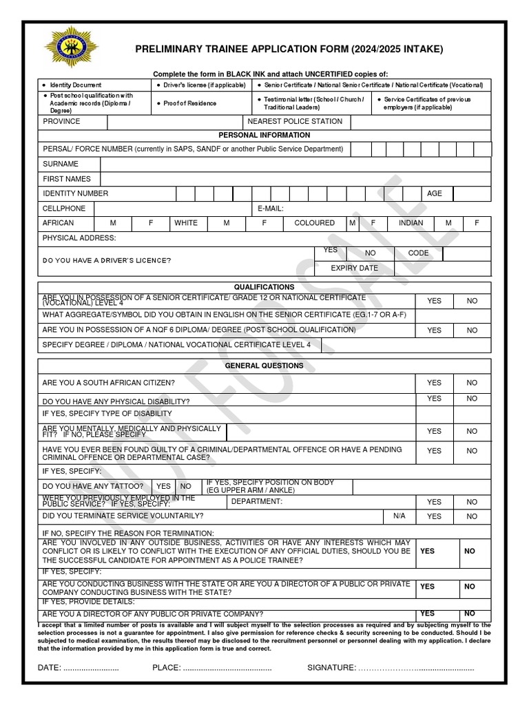 SAPS Trainee Application Form | PDF
