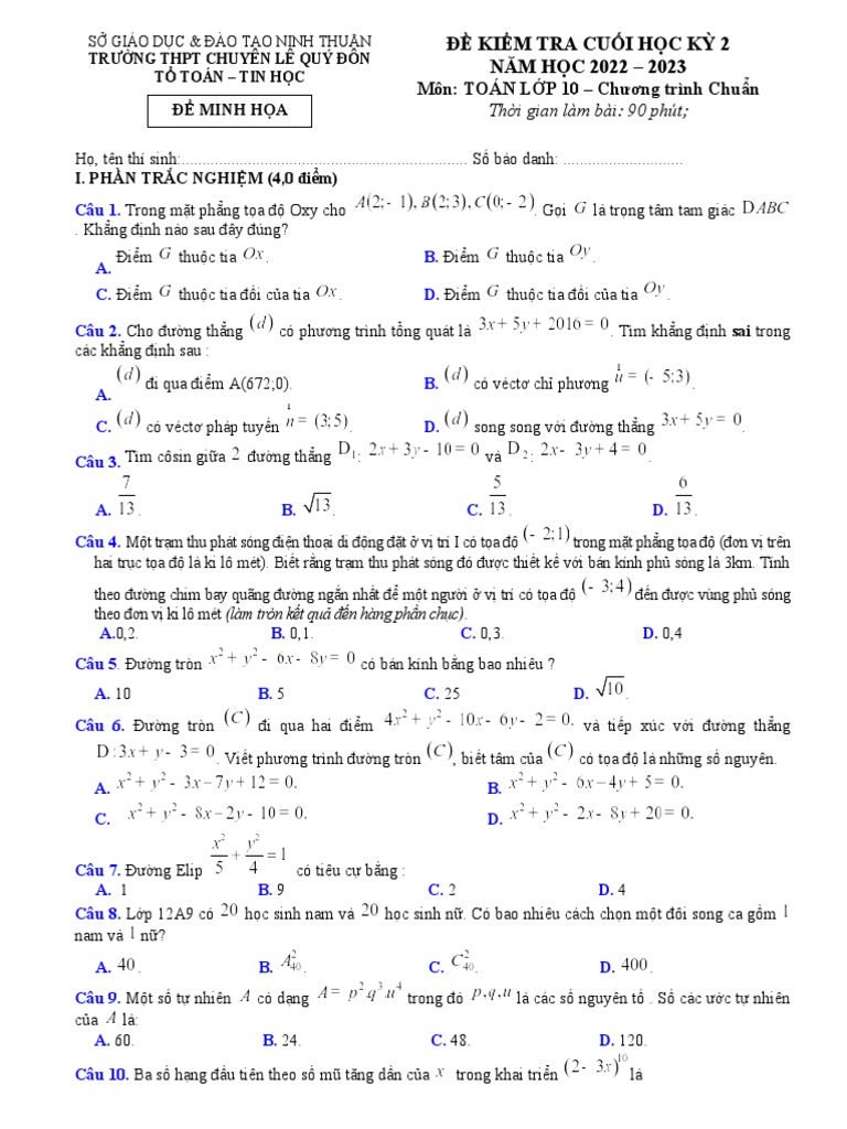 De Minh Hoa Cuoi Hk2 Toan 10 Chuan (2022-2023) | PDF