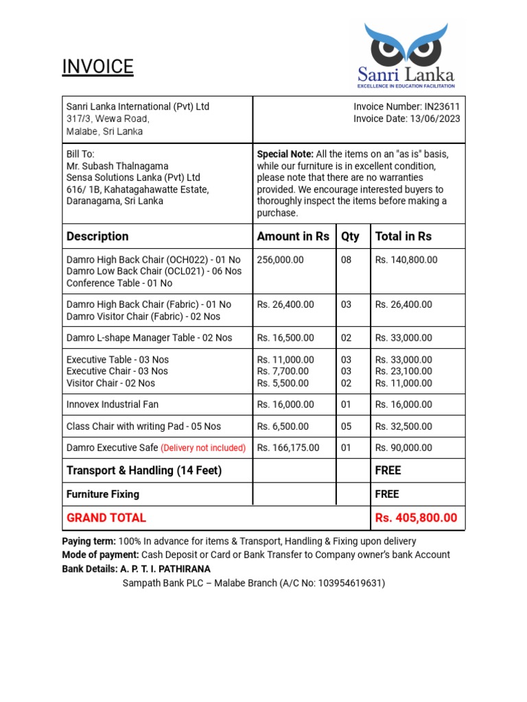 Sanri International Invoice - Sensa Solutions Lanka New | PDF ...