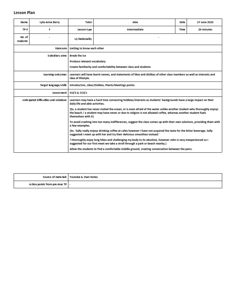 'Getting To Know Each Other' Lesson Plan | PDF