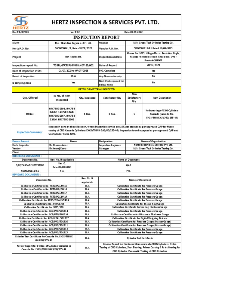 CNG Cylinder Inspection Report Summary | PDF