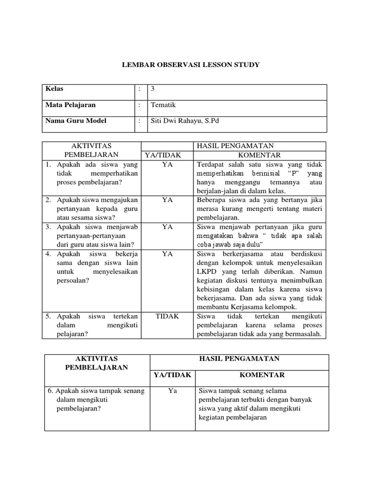 Lembar Observasi Lesson Study | PDF
