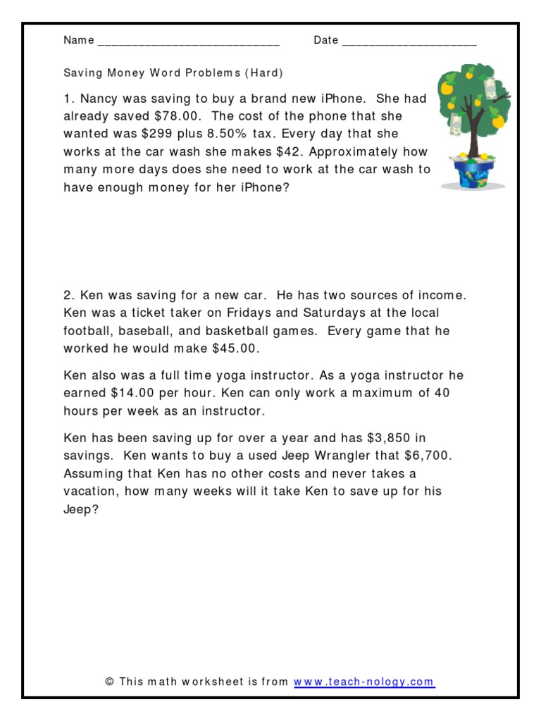 Saving Money Word Problems (Hard) | PDF