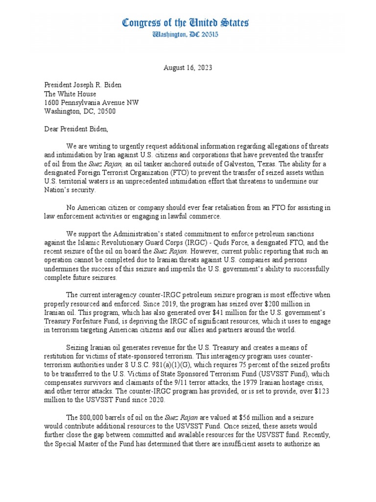 8.16.23 Sen. Ernst Suez Rajan Oversight Letter | PDF | Government ...