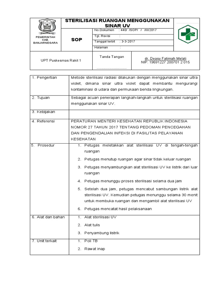 sop STERILISASI RUANGAN MENGGUNAKAN SINAR UV | PDF