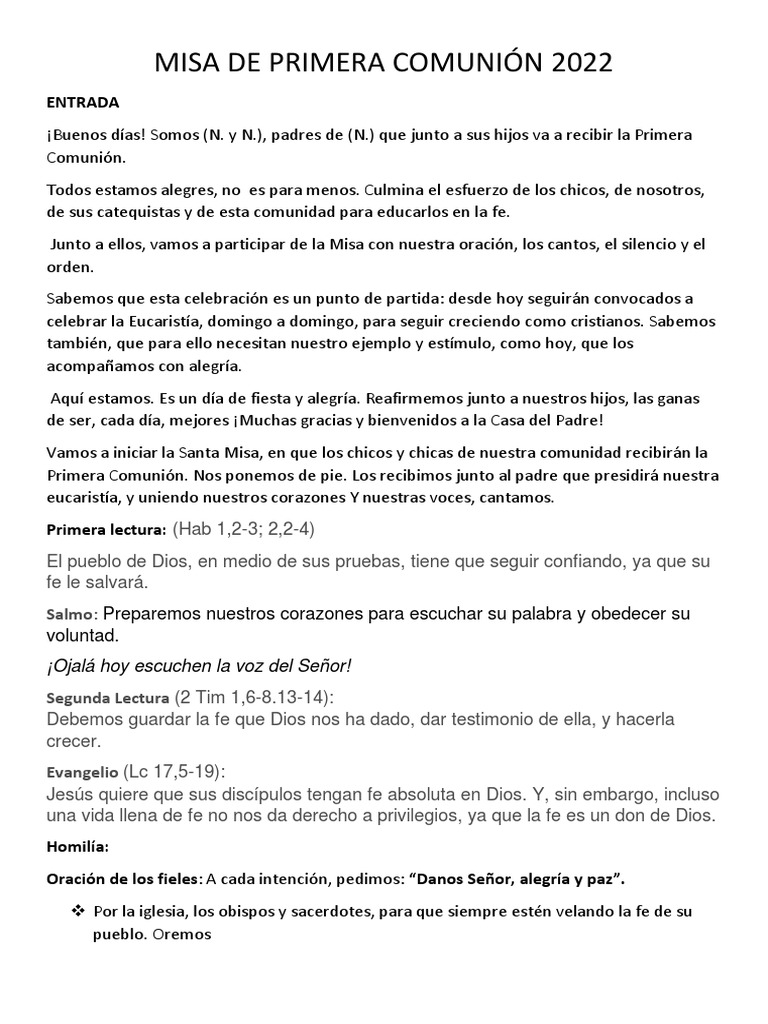 Guion Misa de Primera Comunión | PDF