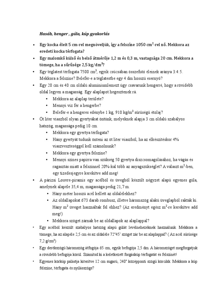 Kocka Hasáb Henger Gúlakúp Gyakorlás | PDF