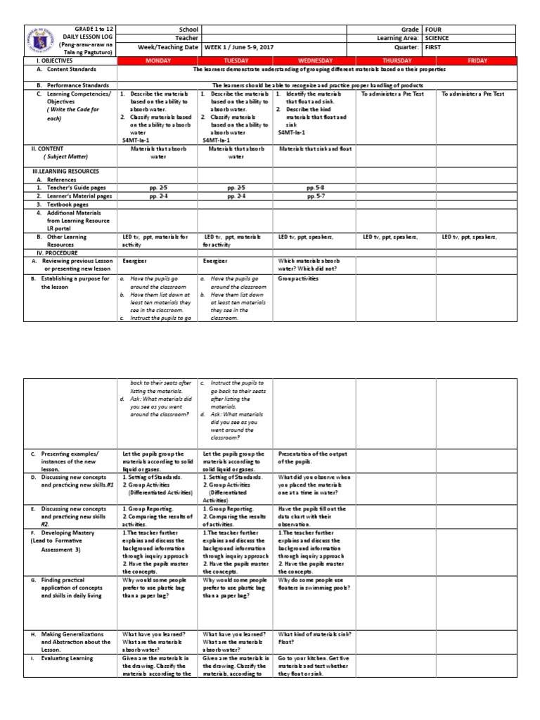 DLL Science Quarter 1 Week 1-10 | PDF | Learning | Teachers