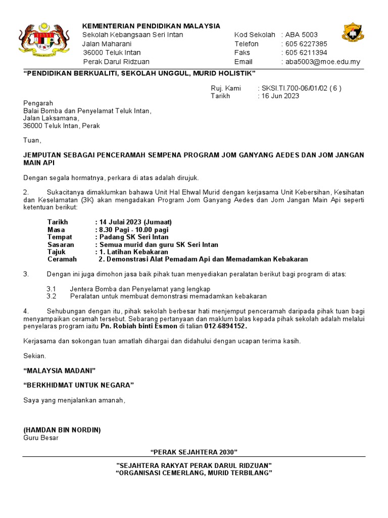 Surat Jemputan Penceramah Balai Bomba Dan Penyelamat | PDF