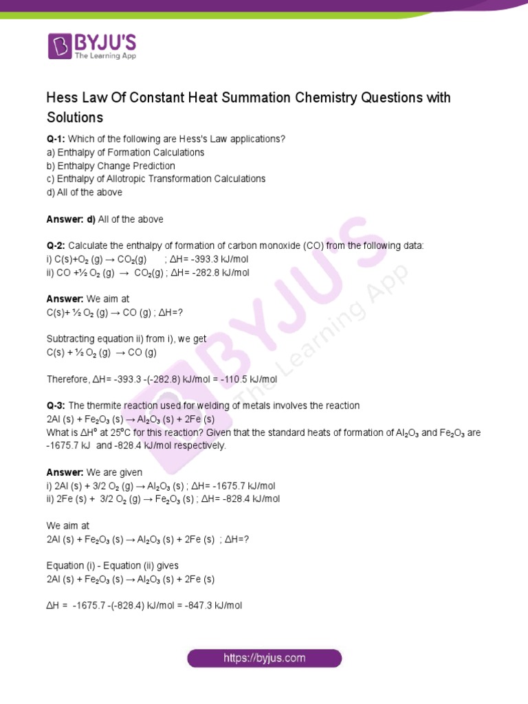 Hess Law of Constant Heat Summation Chemistry Questions With Solutions ...