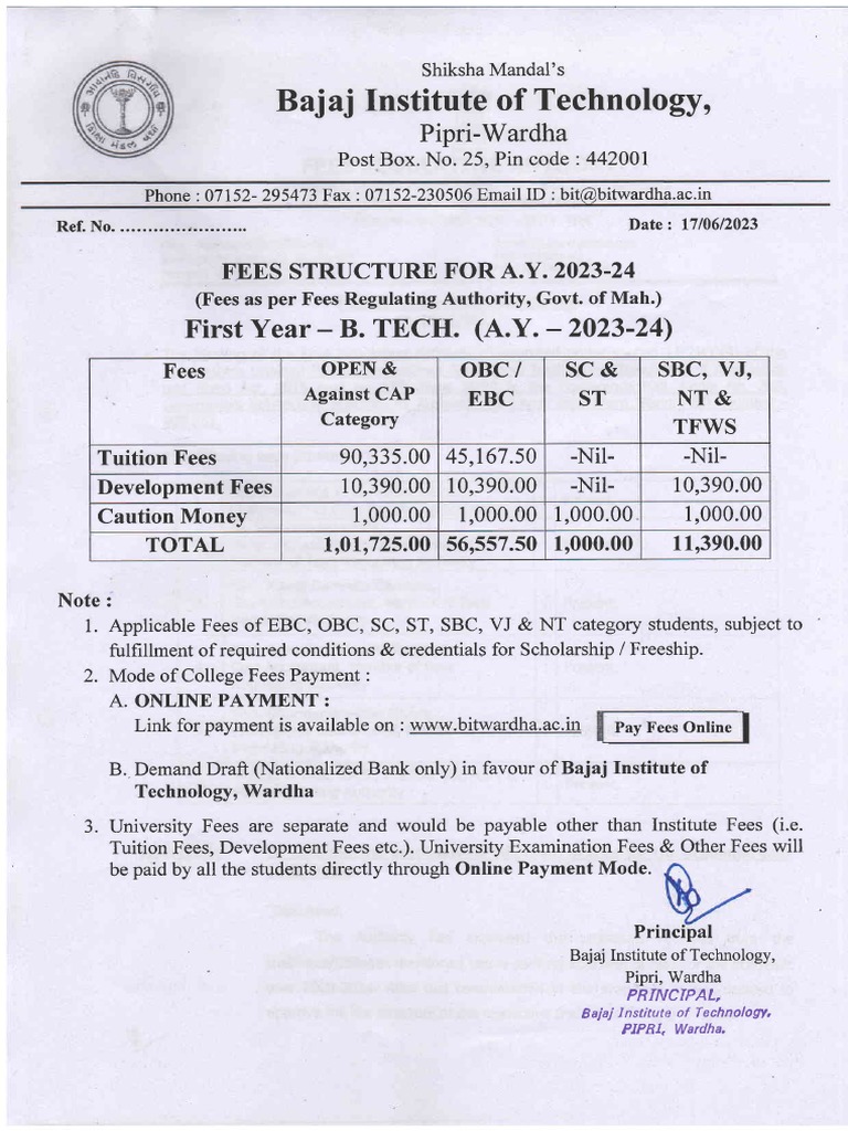Fees Structure FY 2023 24 | PDF | Service Industries | Payments
