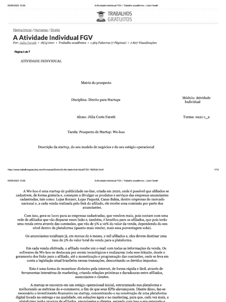 A Atividade Individual FGV - Trabalho Acadêmico - Julia Farath Start Up ...