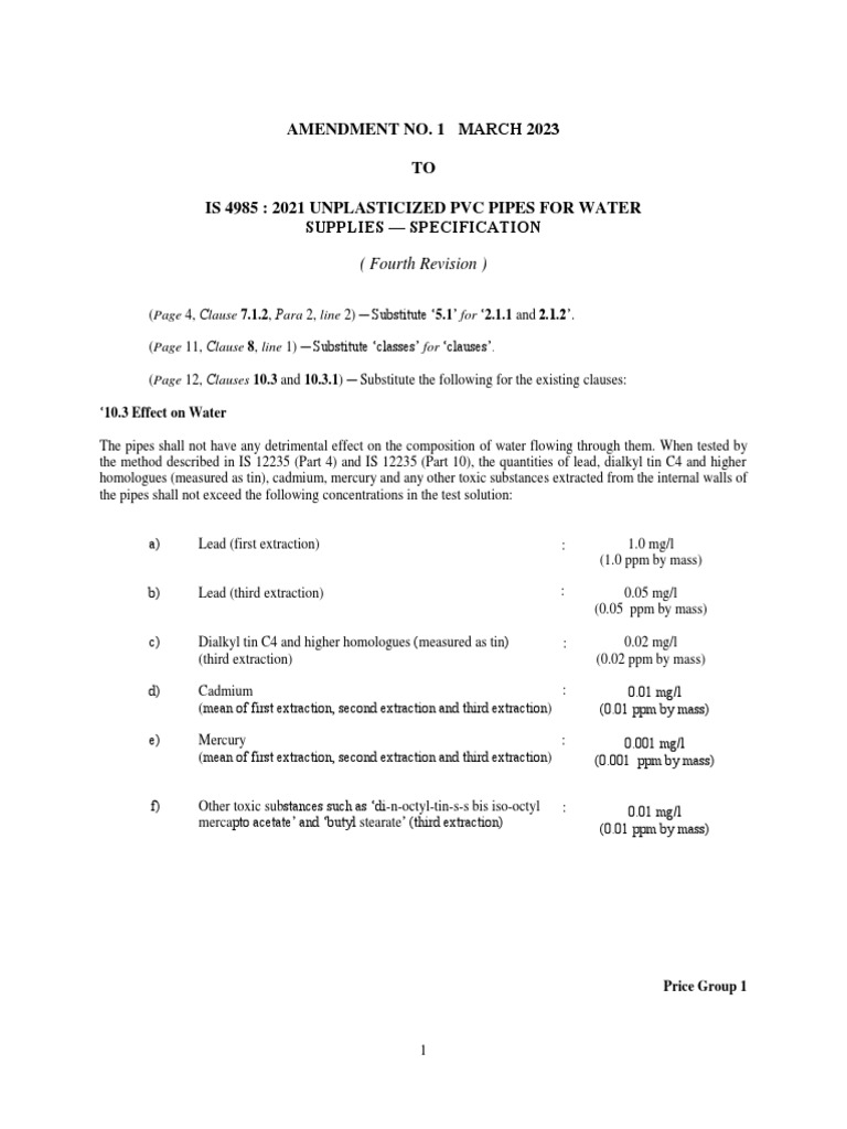 Amendment No. 1 MARCH 202 3 TO Is 4985: 2021 Unplasticized PVC Pipes ...
