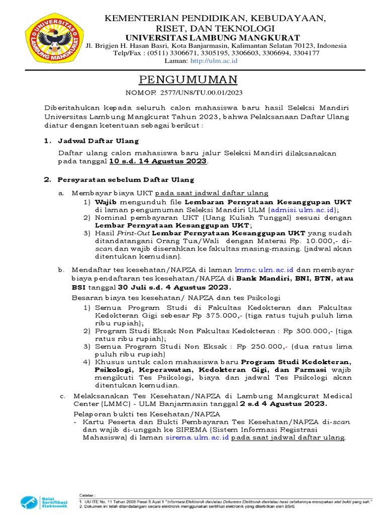 Pengumuman Daftar Ulang PMB Seleksi Mandiri Ulm Tahun 2023 | PDF