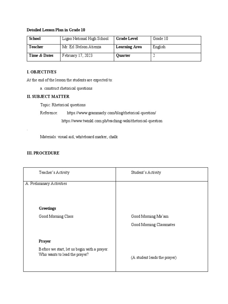 Detailed Lesson Plan in Grade 10 - Rhetorical Questions | PDF ...