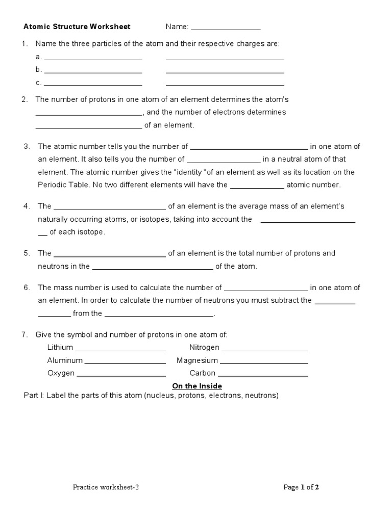 Atomic Structure Worksheet for Students | PDF | Atoms | Chemical Elements