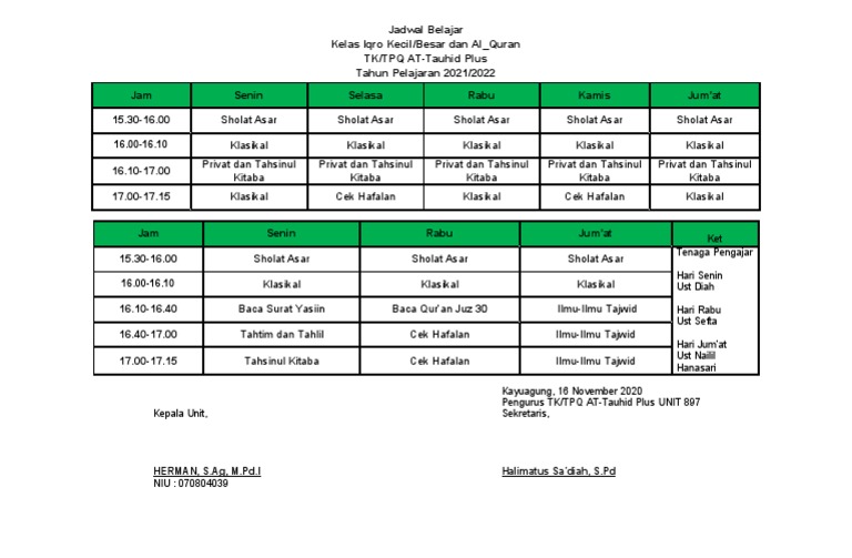 Jadwal Pelajaran 5 Hari TPQ | PDF