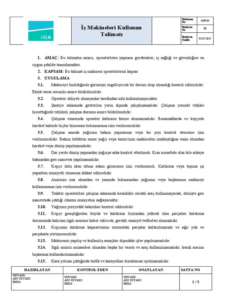 T07.İş Makineleri Kullanım Talimatı | PDF