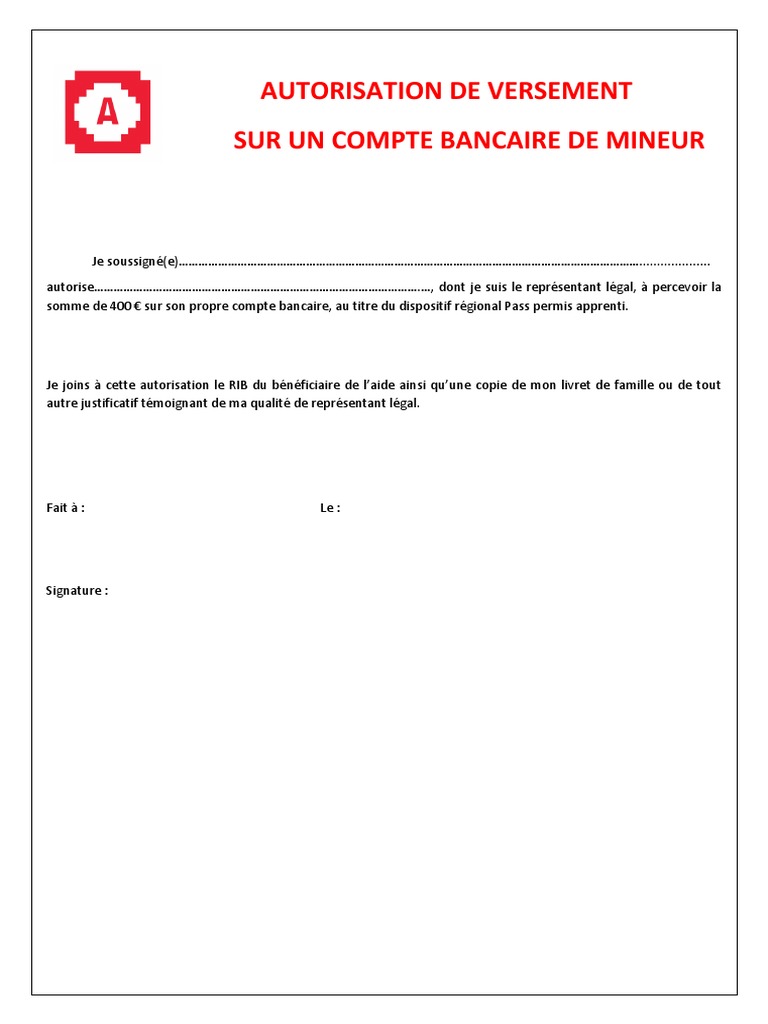 Modèle+d'autorisation+versement+sur+compte+de+mineur | PDF