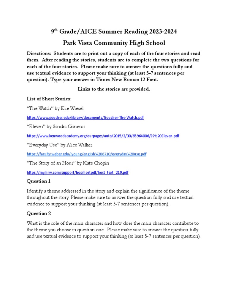 9th Grade AICE Summer Reading Short Stories | PDF