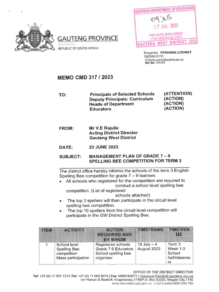 CMD 317 - 2023 Management Plan of Grade 7-9 Spelling Bee Competition ...