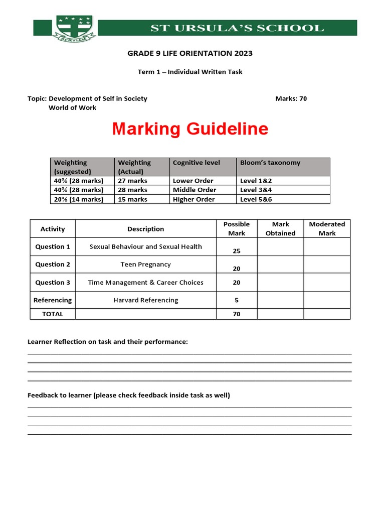 Written Task 1 Term 1 Grade 9 Memo | PDF