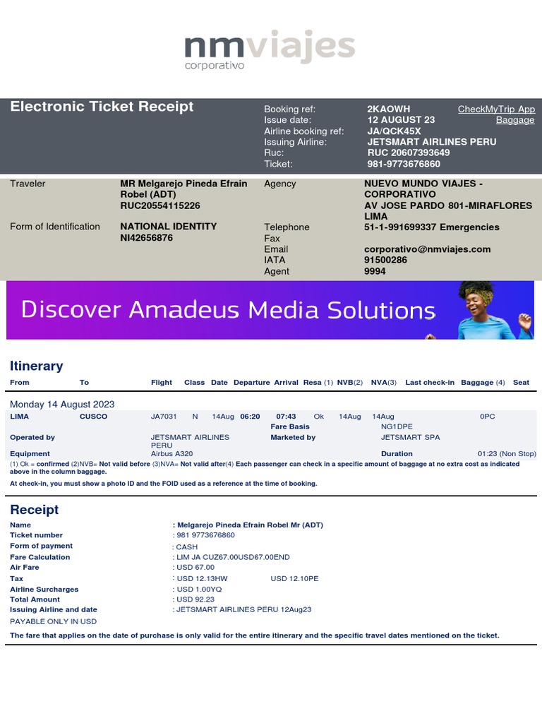 Your Electronic Ticket Receipt | PDF | Airlines | Transport