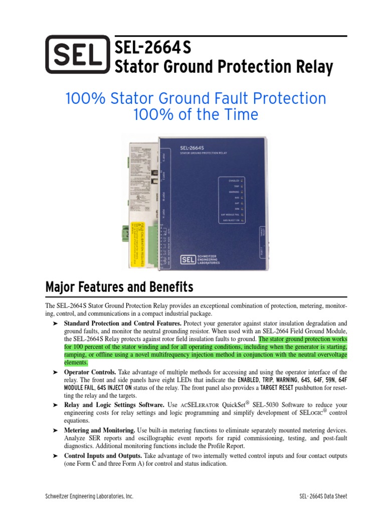 SEL-2664S Stator Ground Protection Relay | PDF | Ethernet | Alternating Current