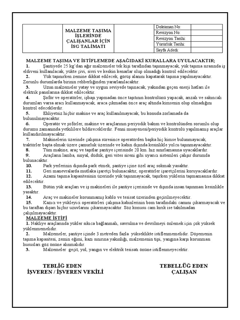 T46-Malzeme Taşıma İşlerinde İSG Talimatı | PDF