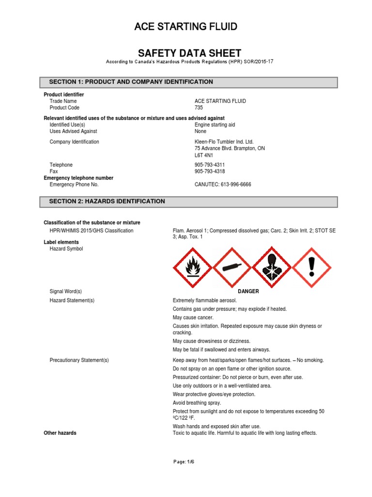 Safety Data Sheet: Ace Starting Fluid | PDF