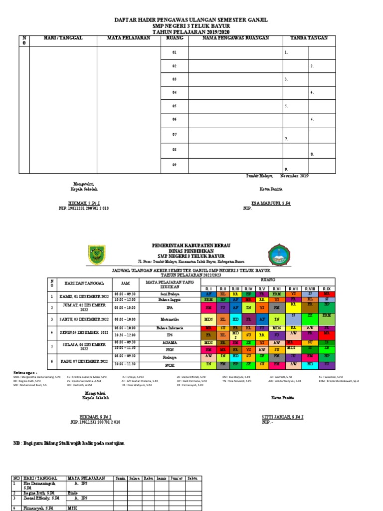 Daftar Hadir Pengawas Ulangan Semester Ganjil 1 | PDF