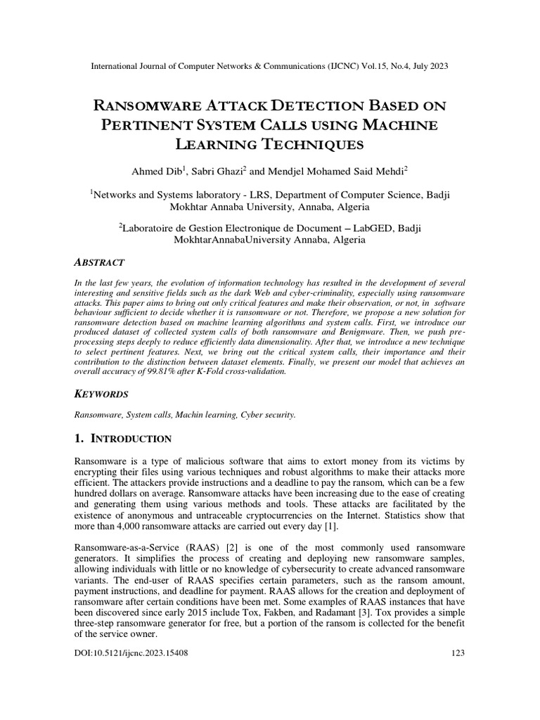 Ransomware Attack Detection Based On Pertinent System Calls Using Machine Learning Techniques ...