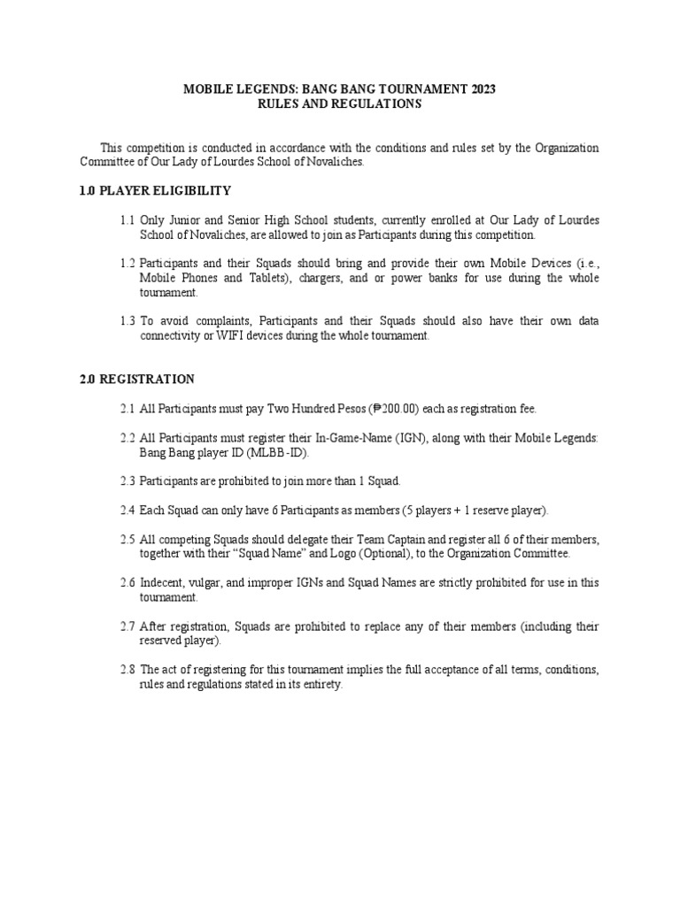 RULES AND REGULATIONS MLBB TOURNAMENT | PDF