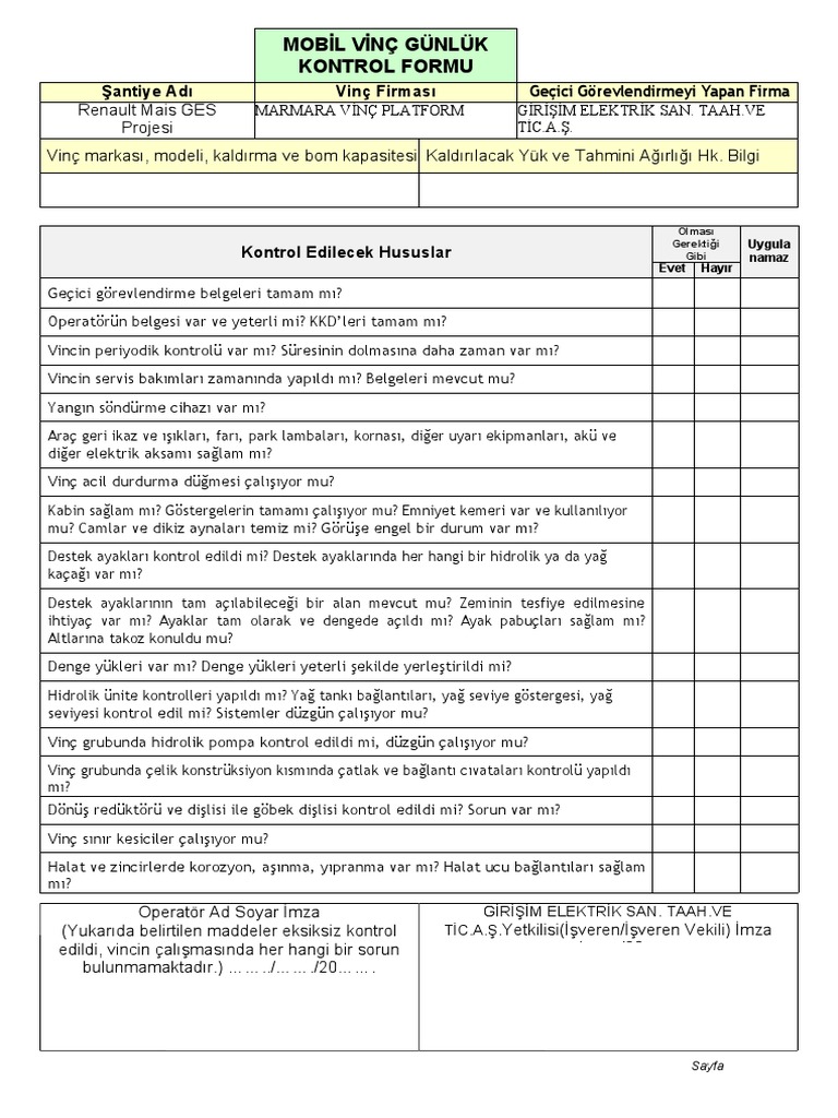 MOBİL VİNÇ GÜNLÜK KONTROL FORMU | PDF