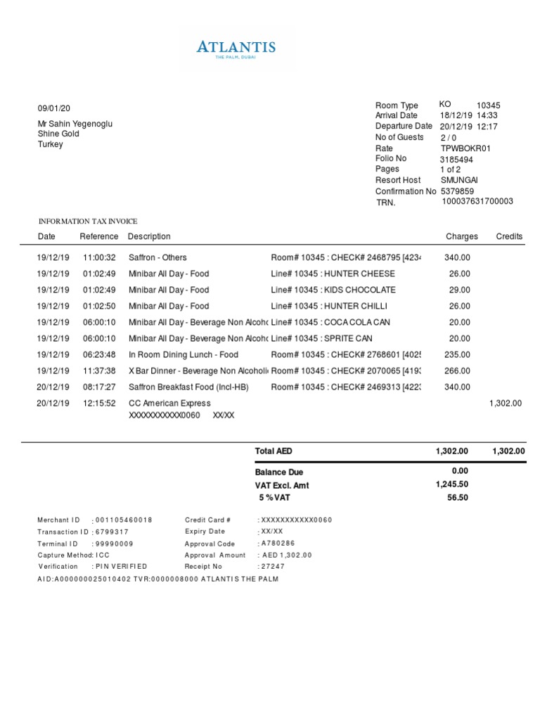 Sahin Hotel Invoice Summary | PDF