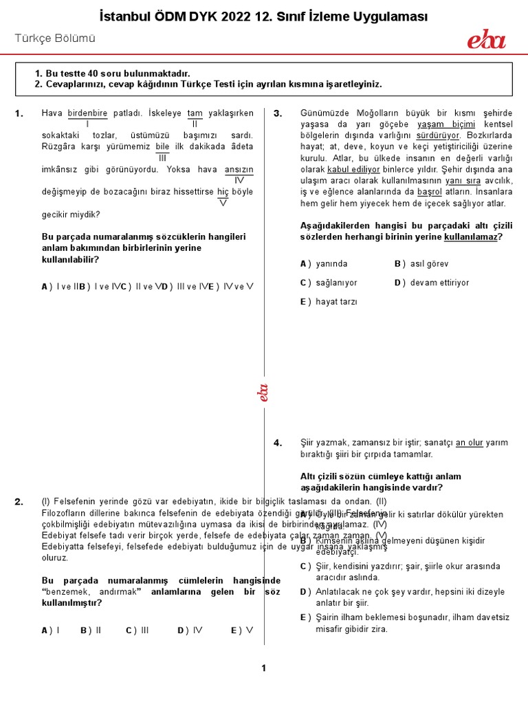 İstanbul Ödm Dyk 2022 12 Sınıf İzleme Uygulaması 3 | PDF