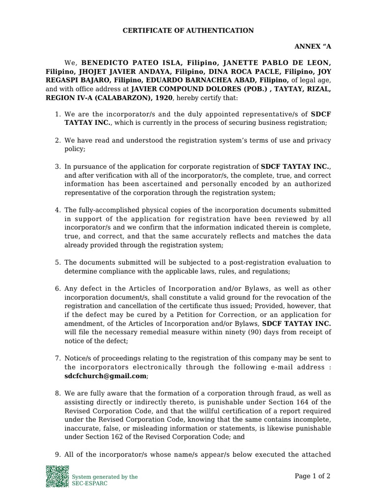 Certificate of Authentication (SDCF) | PDF