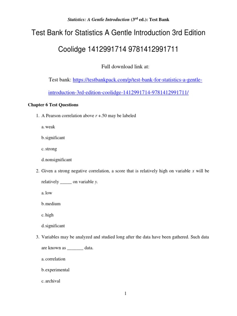 Statistics A Gentle Introduction 3rd Edition Coolidge Test Bank 1 | PDF Statistics A Gentle Introduction 3rd Edition Coolidge Test Bank 1 | PDF