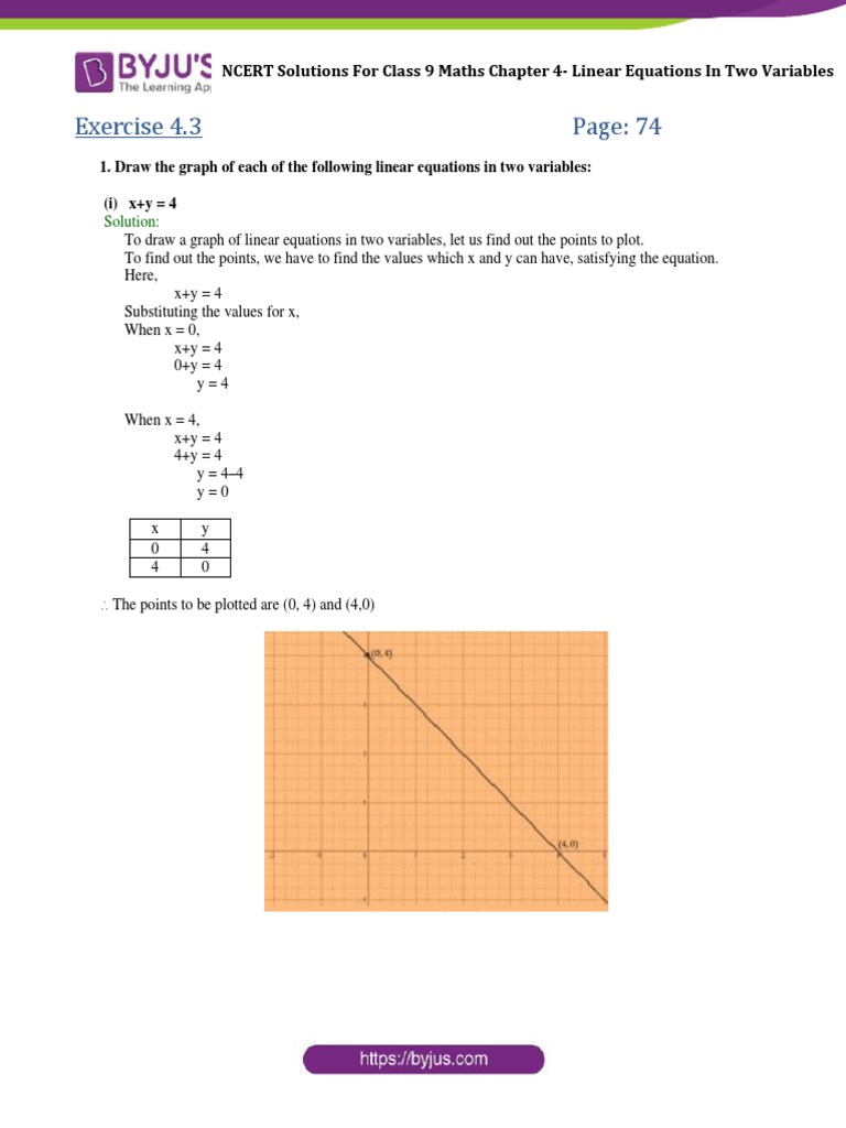 NCERT Solutions For Class 9 Maths Chapter 4 Equations in Two Variables Exercise 4.3 | PDF ...