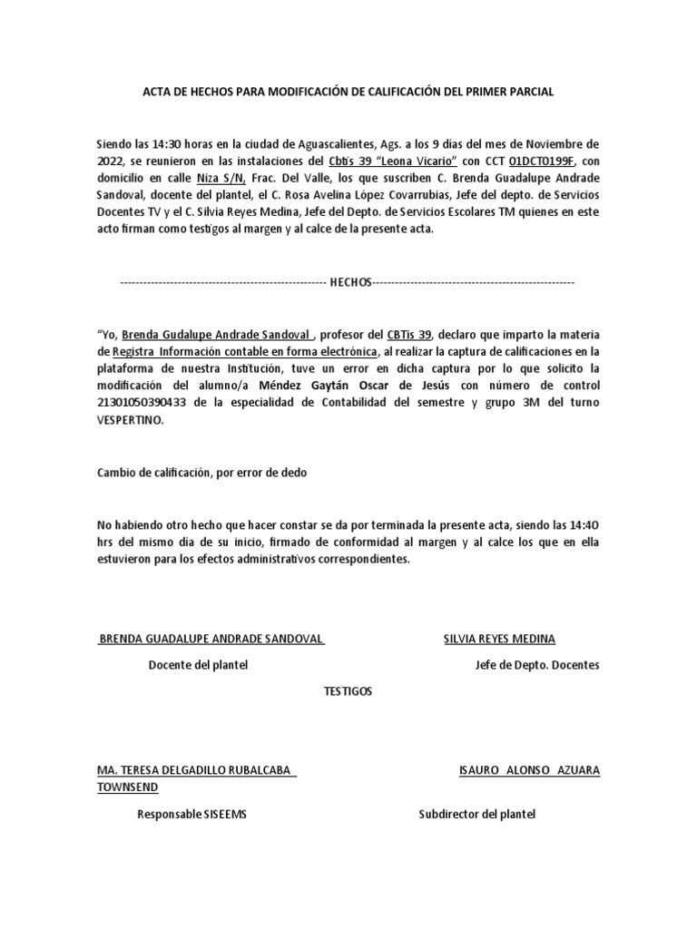 ACTA DE HECHOS Formato | PDF